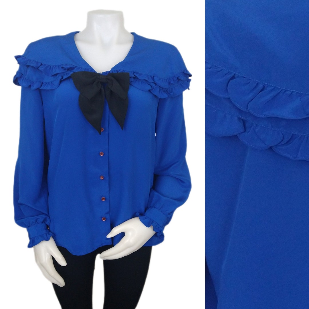 Vintage 80's Cobalt Blue Ruffle Collar Blouse With Shoulder Pads Womens ...