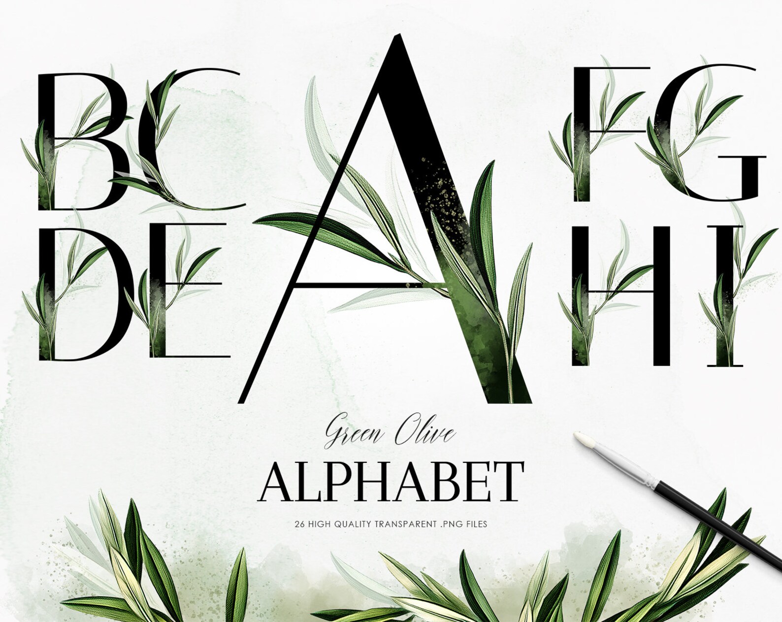 Greenery Alphabet Olive Letters Clipart Black Alphabet with | Etsy