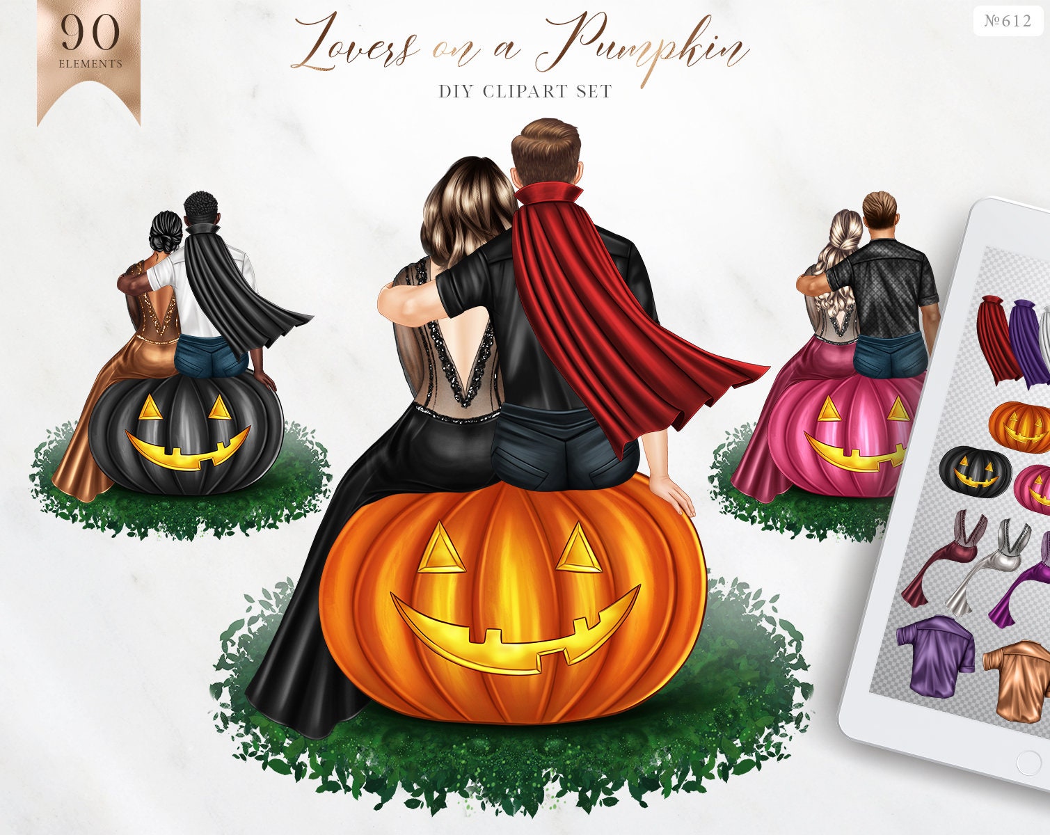 Lovers on a Pumpkin Clip Art Halloween Couple Clipart | Etsy