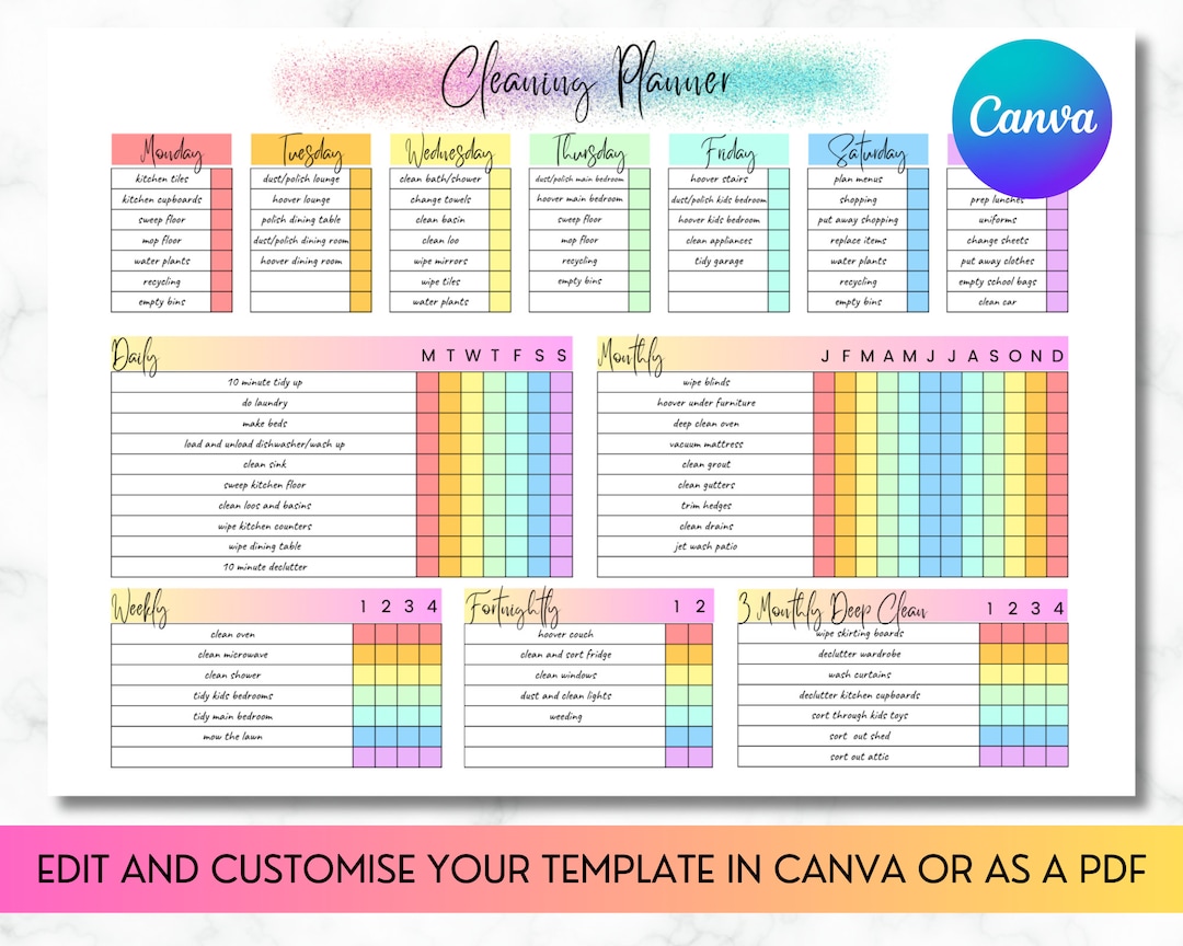 EDITABLE Cleaning Schedule Family Chore Chart Cleaning Checklist ...