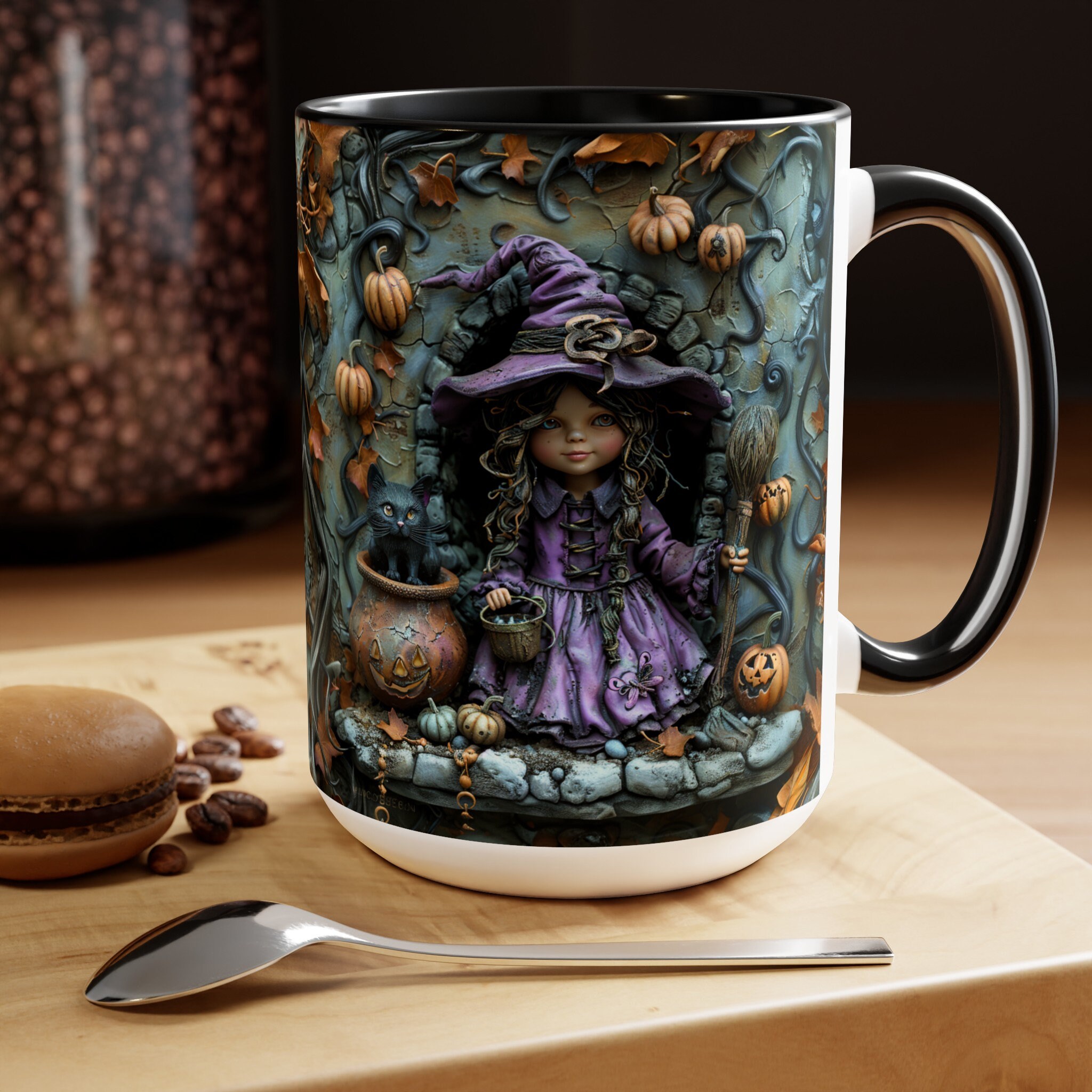 Purple Witch Mug, 3D Effect Witch Hat and Black Cat, Halloween Pumpkin ...