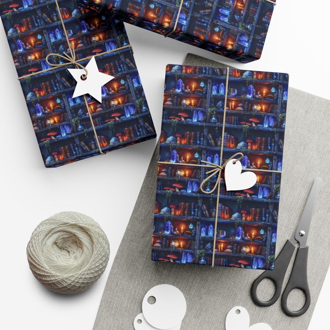 Witchy Crystal Bookshelf Wrapping Paper, Fantasy Book Lover Gift Wrap ...