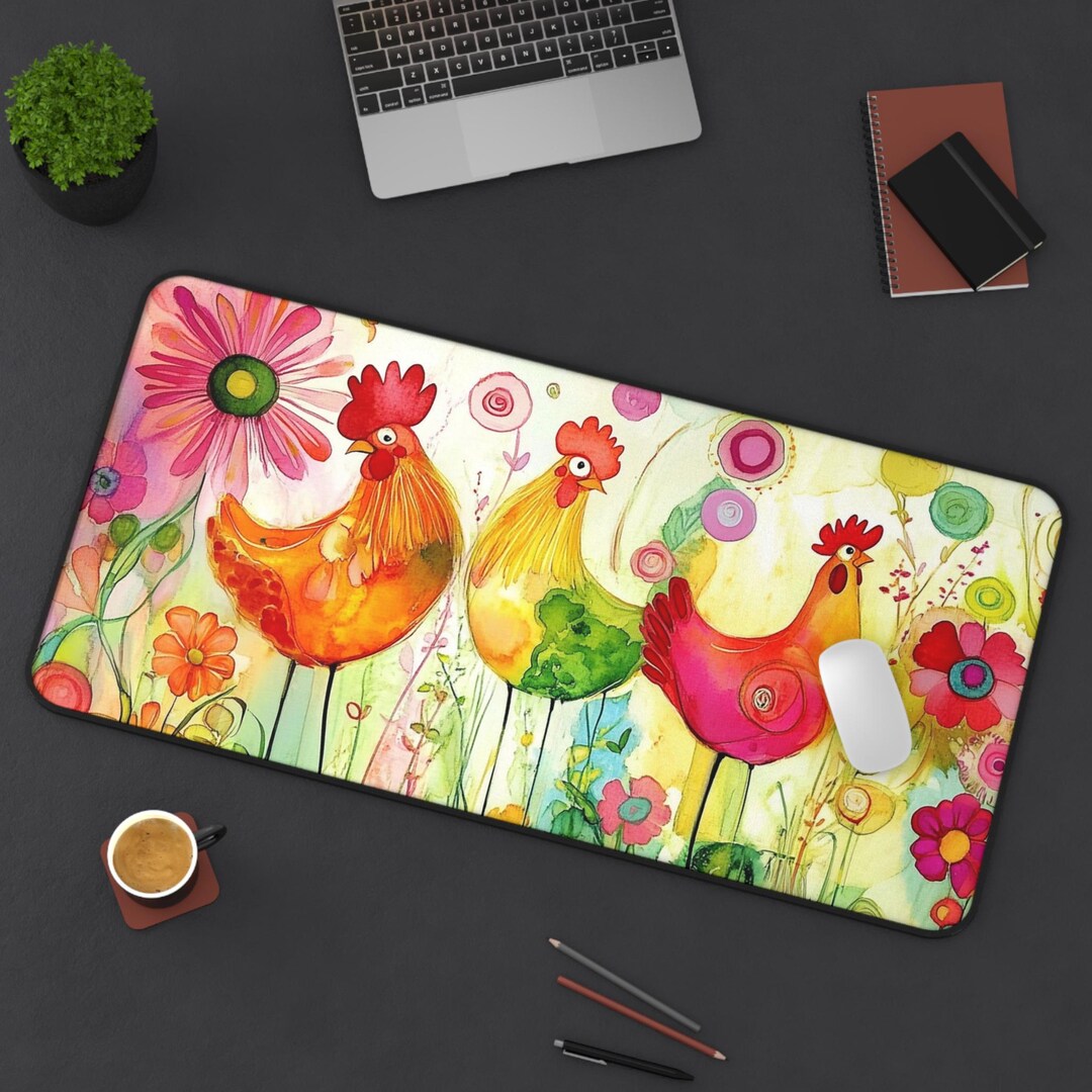 Watercolor Chickens Desk Mat: Colorful Abstract Farmhouse Decor - Etsy