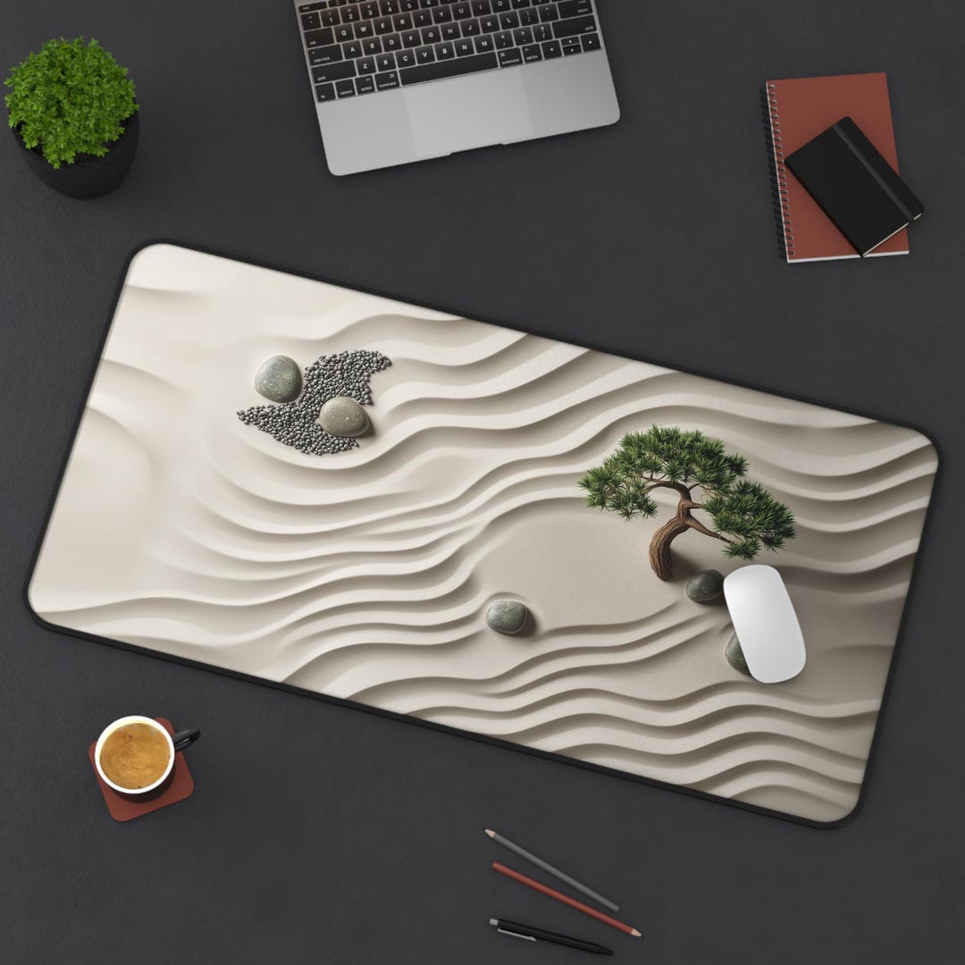 Serene Desk Mat, Sandy Zen Garden XXL Large Mouse Pad, Japanese Bonzai ...