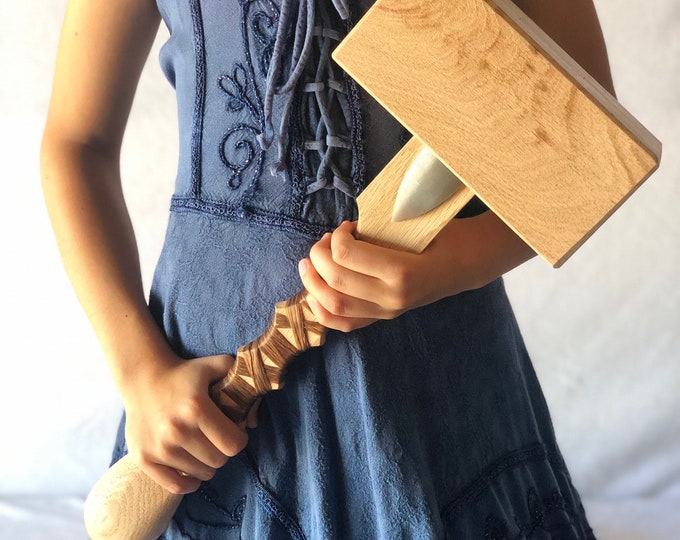 Wooden Viking War Hammer Solid Oak Handcrafted Horn Accents Natural 1 ...