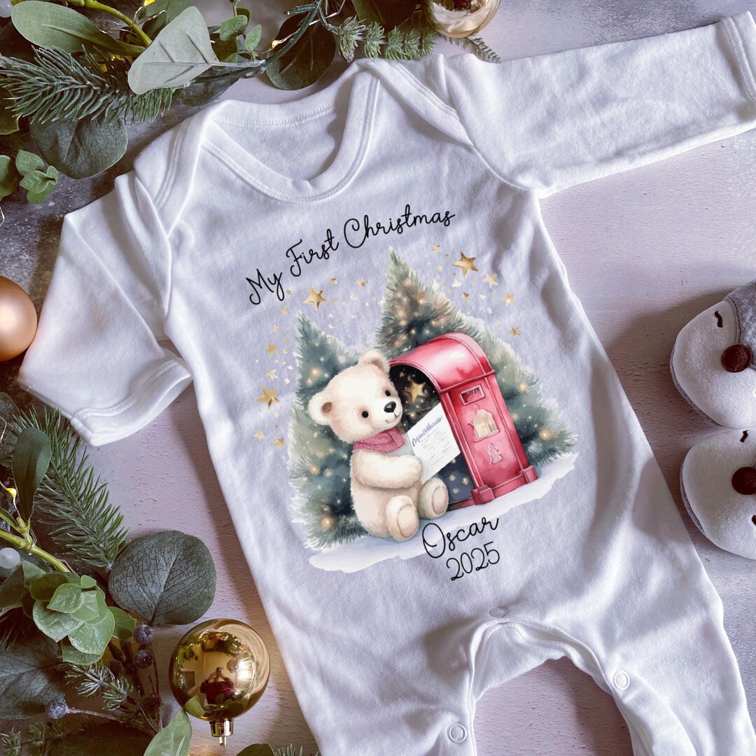 Personalized Christmas Baby Sleepsuit: Teddy Bear, 1st Christmas ...