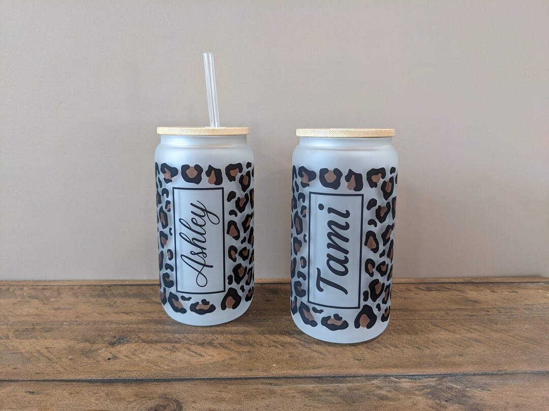 Custom Leopard Print Glass Tumbler Personalized Iced Coffee Cup, Beer ...