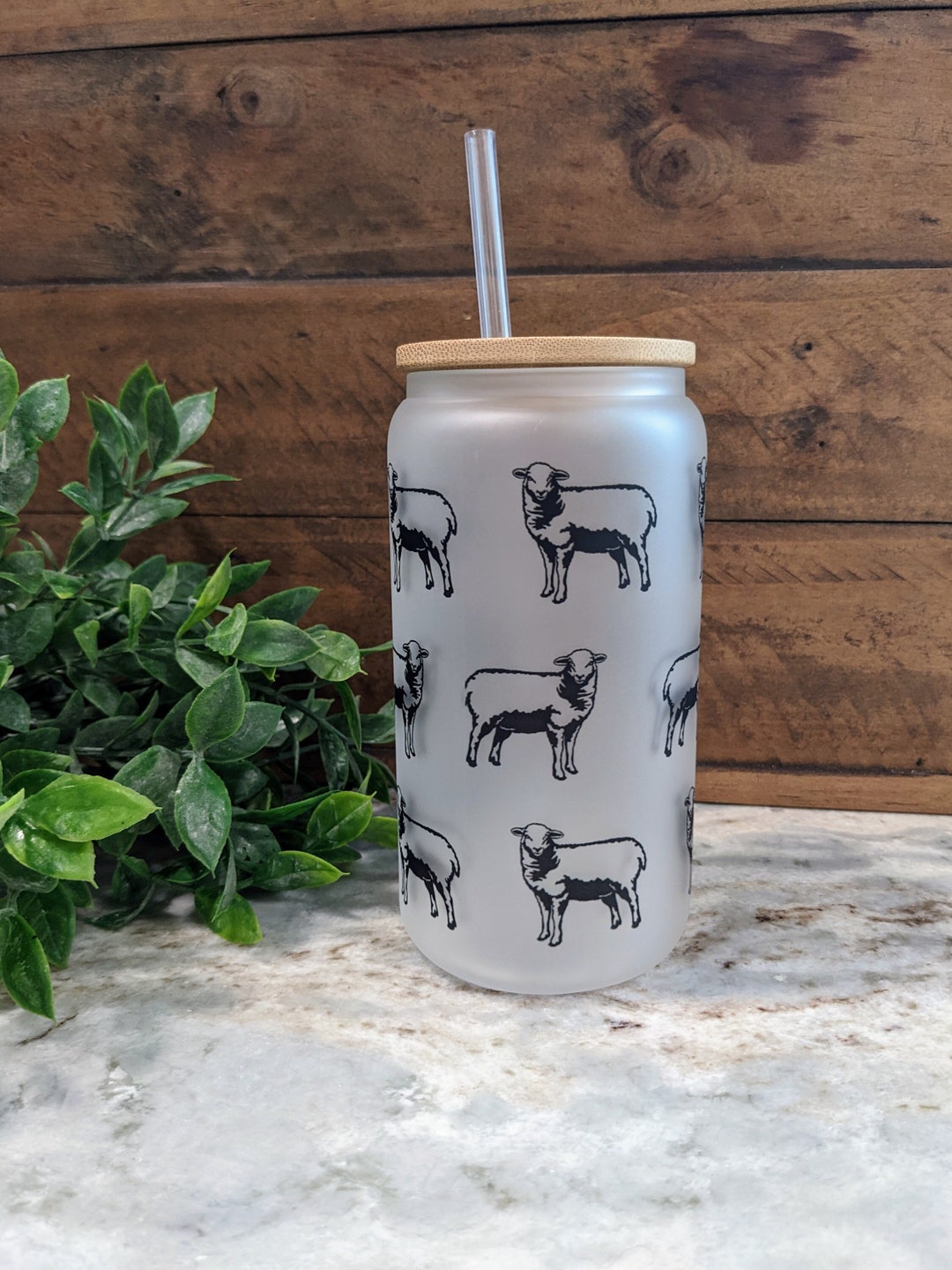 Sheep Glass Tumbler- Iced Coffee Cup, Beer Can Mug, Bamboo Lid ...