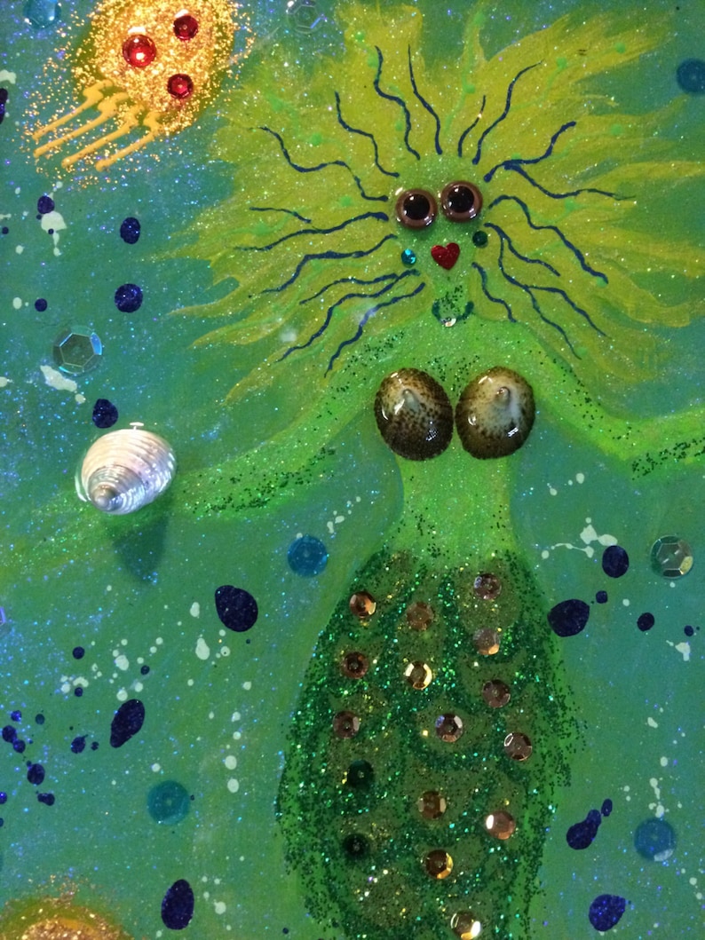 Mermaid Painting Ocean Folk Art Big Eye Glitter Sparkle Jellyfish ...