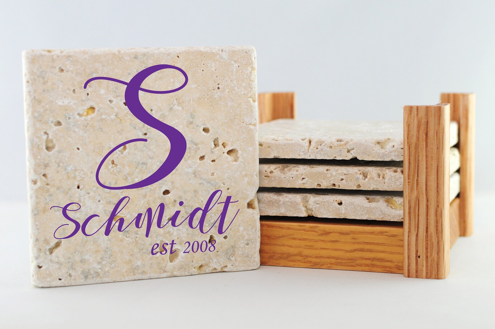 Personalized Monogram Natural Stone Travertine Coasters 4 Pc Square Set ...