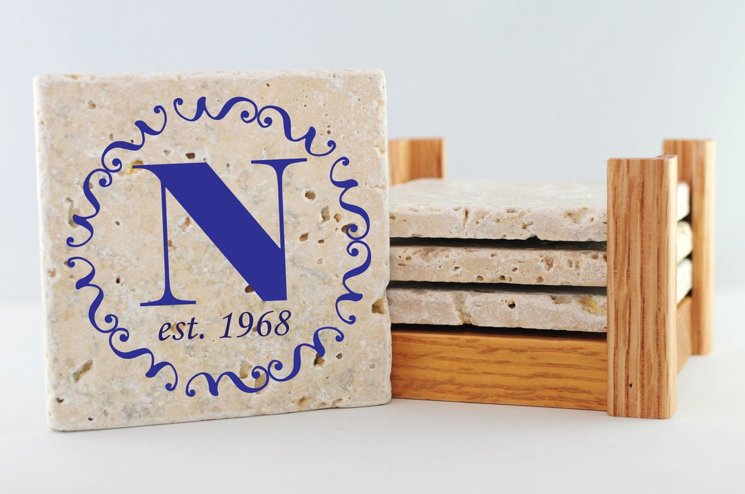 Personalized Monogram Natural Stone Travertine Coasters 4 Pc Square Set ...