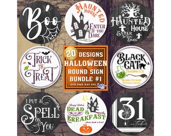 Round Halloween Bundle, Vintage Round Sign Bundle, Halloween Door ...