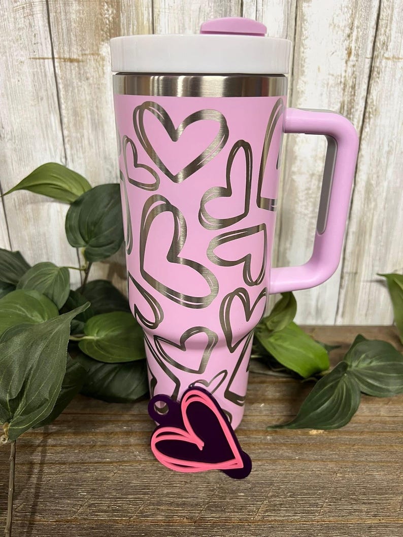 Laser Engraved Heart Pattern Tumbler and Topper| Personalized Stanley ...