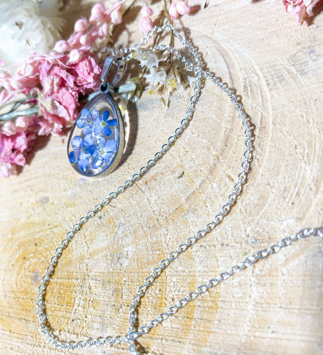 Pendant "forget-me-not" Drops, Expressive Resin Jewelry Silver Necklace ...