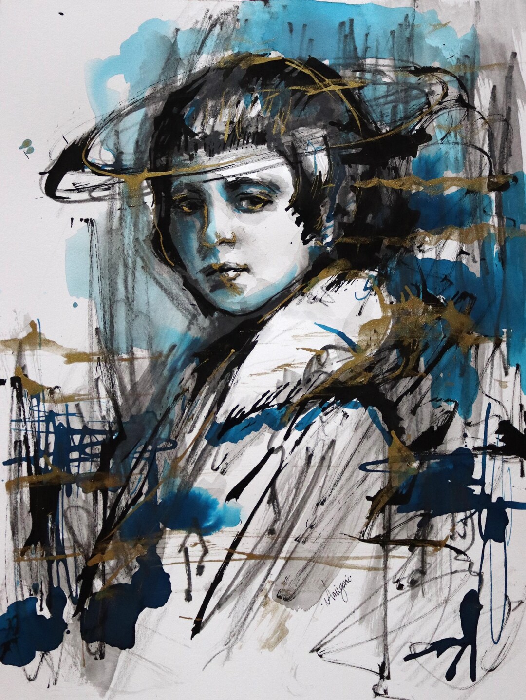 Ink Drawing Original Face Drawing Boy Art Portrait Watercolor Blue Boy ...