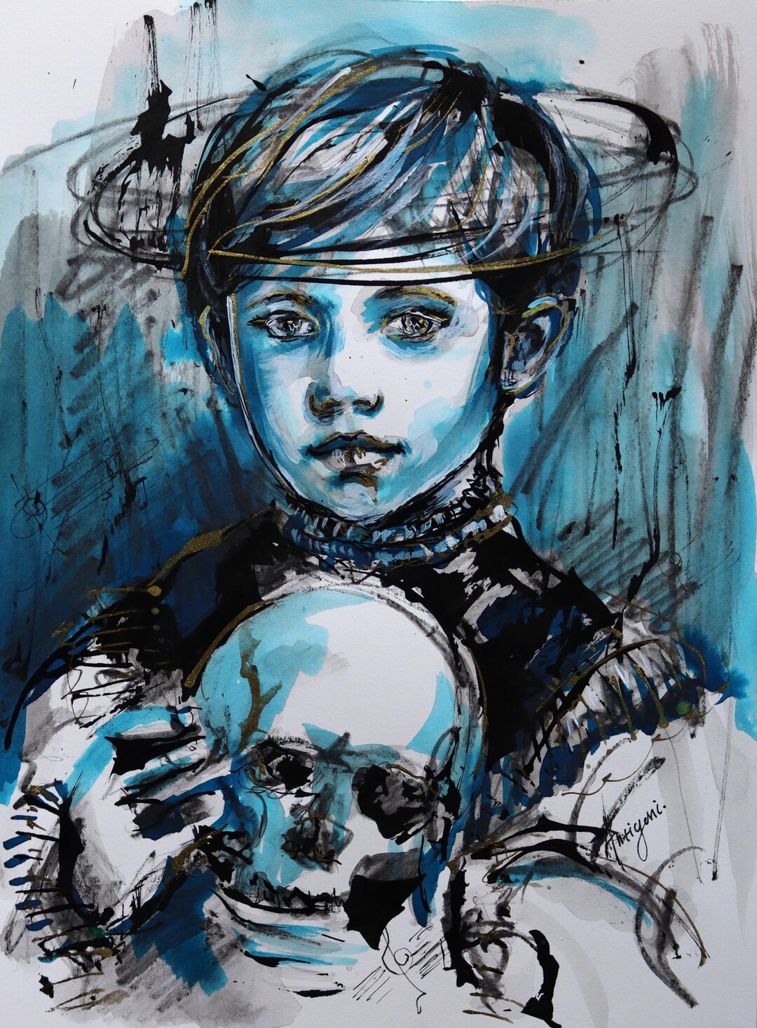 Original Face Drawing Boy Art Portrait Watercolor Blue Boy Art Baroque ...