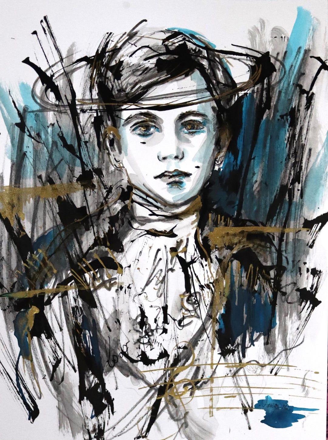 Ink Drawing Original Face Drawing Boy Art Portrait Watercolor Blue Boy ...