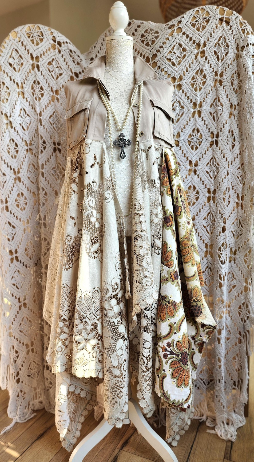 Bohemian Denim Kimono, Ruffled Taffeta, Recycled Vintage and Antique ...