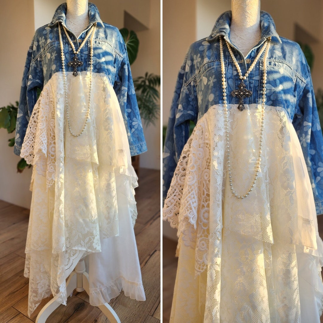 Bohemian Denim Jacket With Flowers, Macrame and Recycled Vintage Lace ...