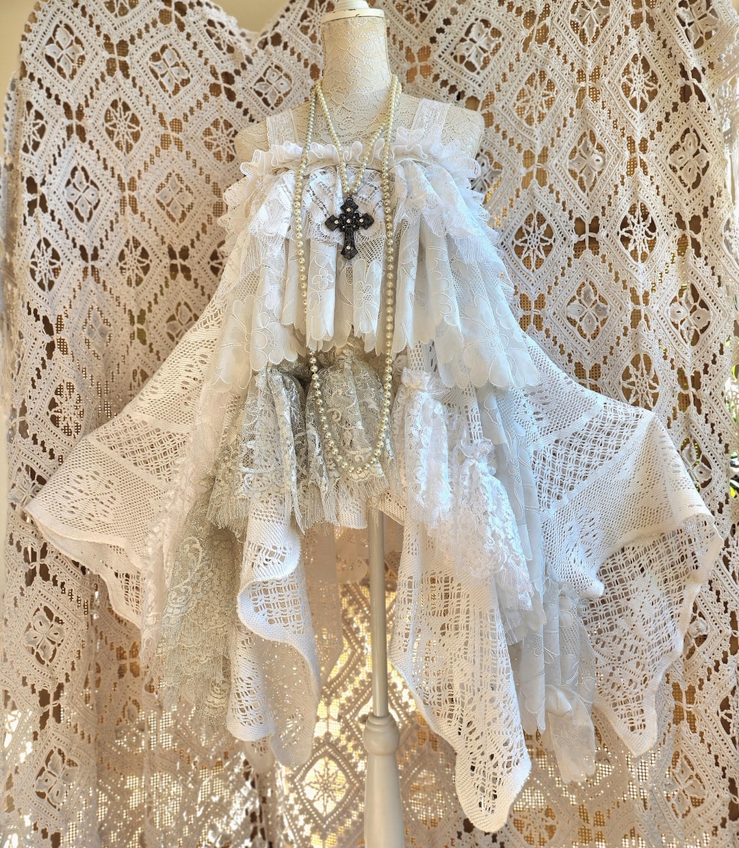 Frilly Bohemian Tunic in Recycled Vintage Calais Lace, Ruffled Hippie ...