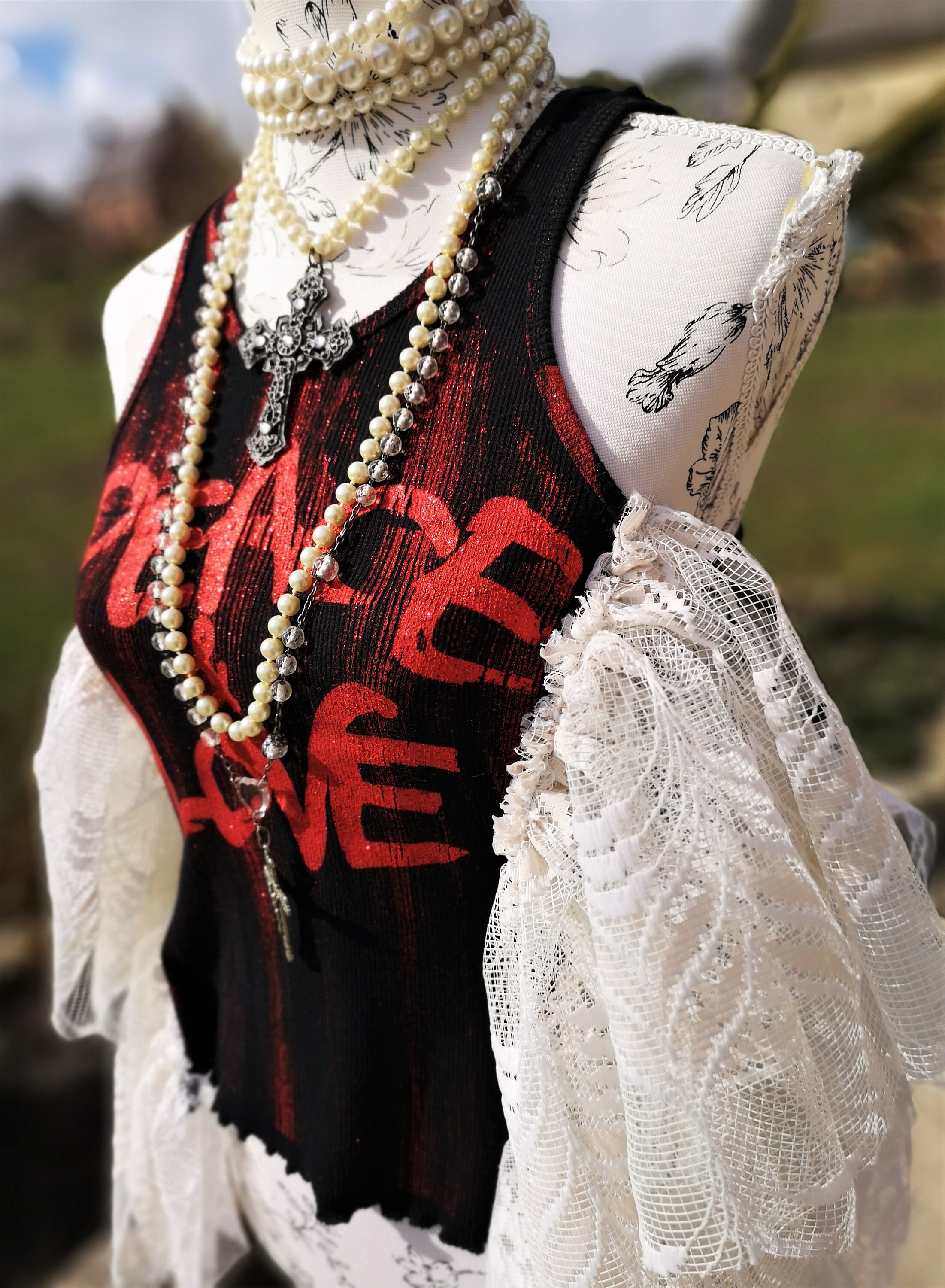 Bohemian rock top in vintage recycled lace and 80s Peace and | Etsy