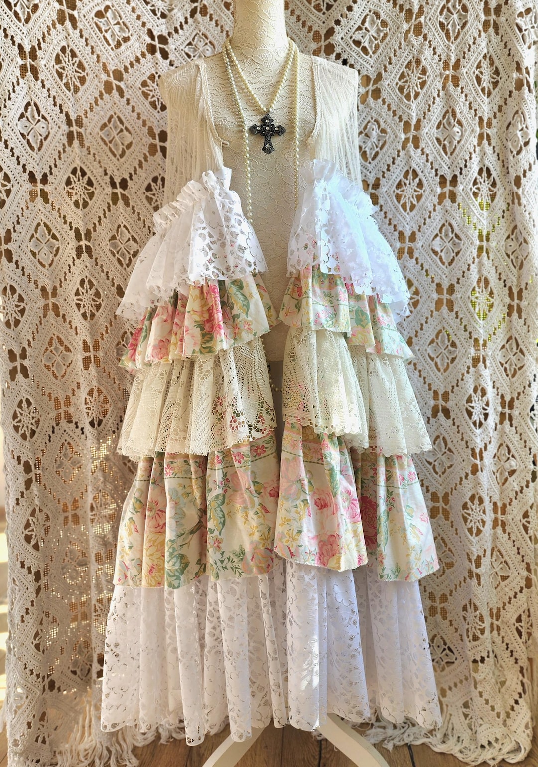 Bohemian Kimono in Recycled Lace and Vintage Cotton, Frilly Ruffled ...