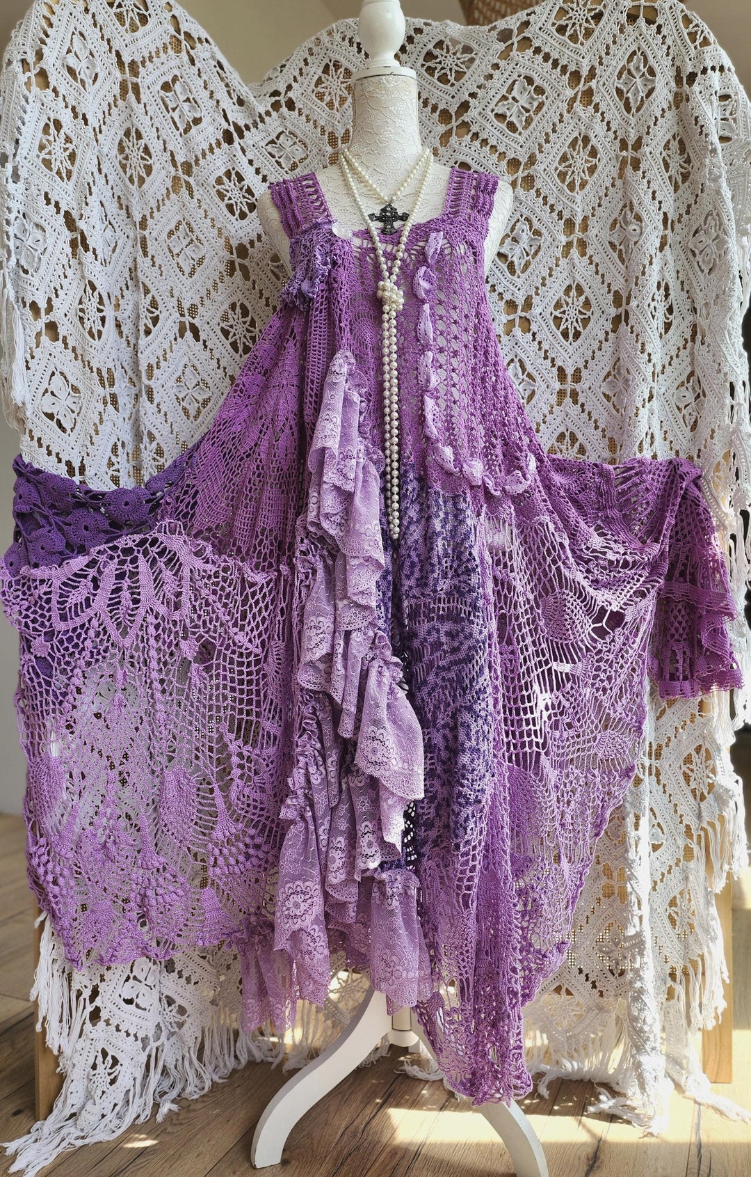 Bohemian Kimono in Patchwork of Handmade Antique Crochet Doilies and ...