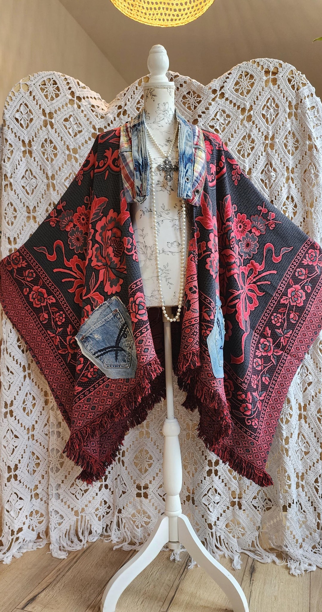 Bohemian Poncho Jacket in Old Upholstery Fabric and Recycled Denim ...