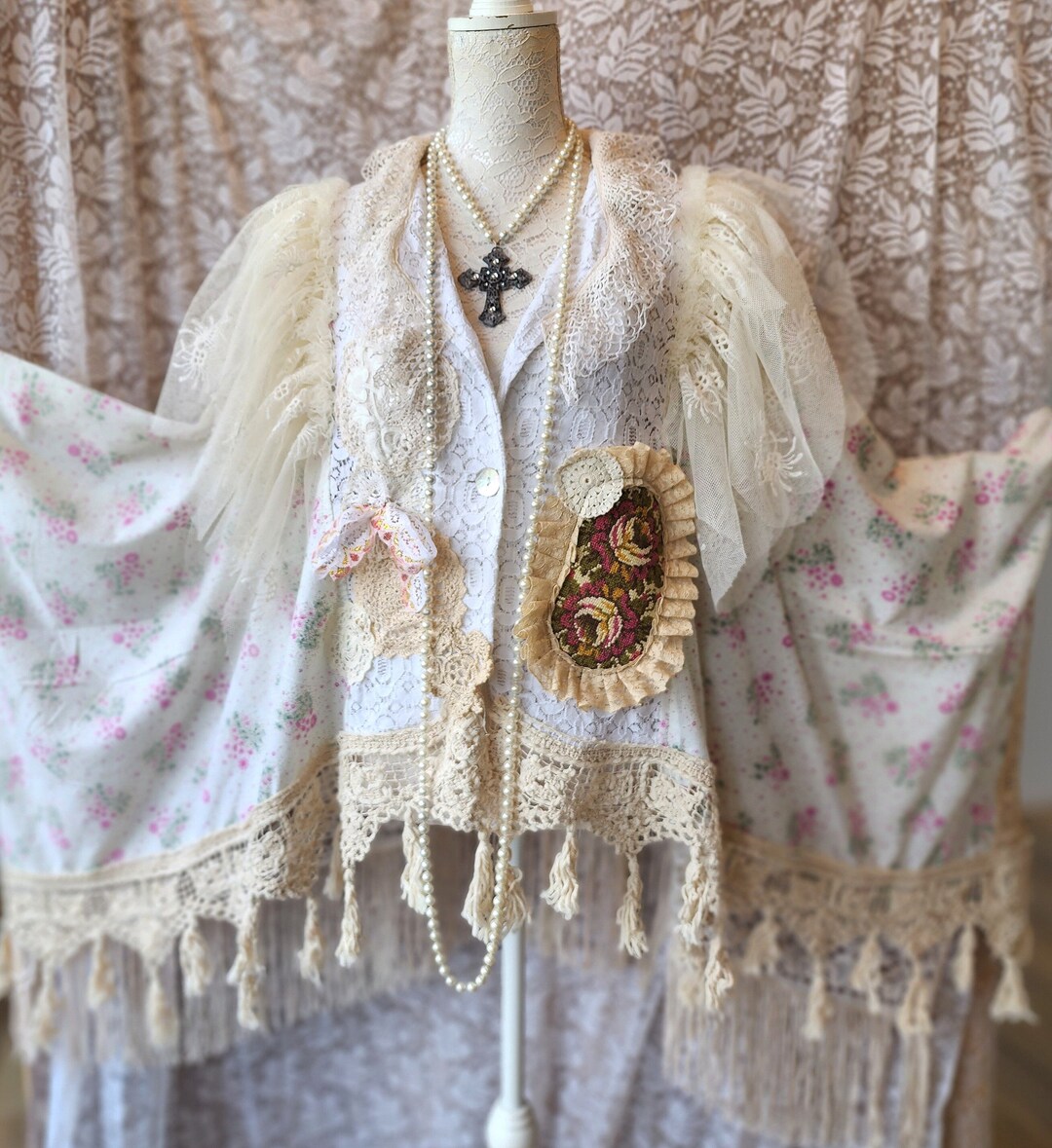 Bohemian Poncho in Old French Fabrics, Macramé, Crochet, Tulle and Old ...