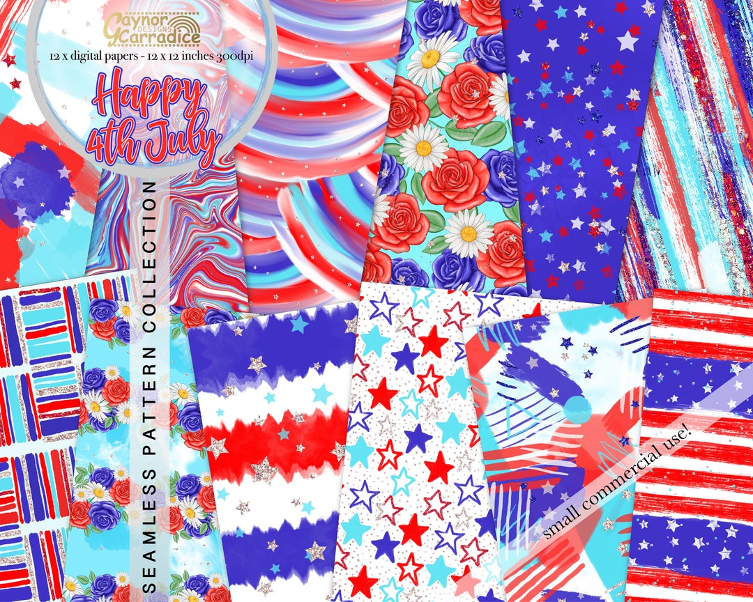 4th of July Digital Papers - 12 Watercolor Independence Day Seamless ...