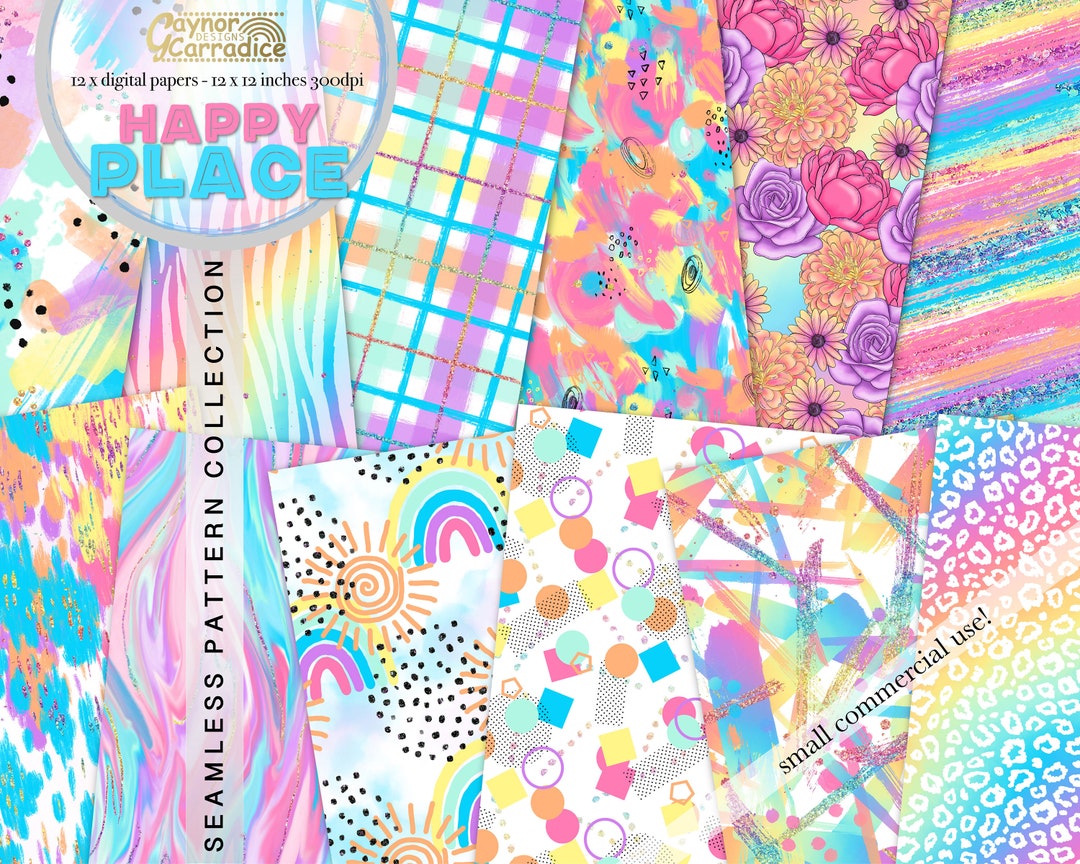 Happy Place - Rainbow Digital Papers - 12 Watercolor Summer Seamless ...