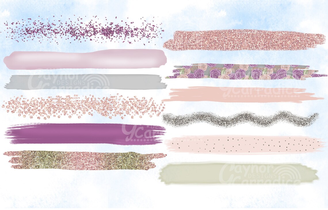 Pastel Brush Strokes Clipart - Blush and Purple Glitter Paint Strokes ...