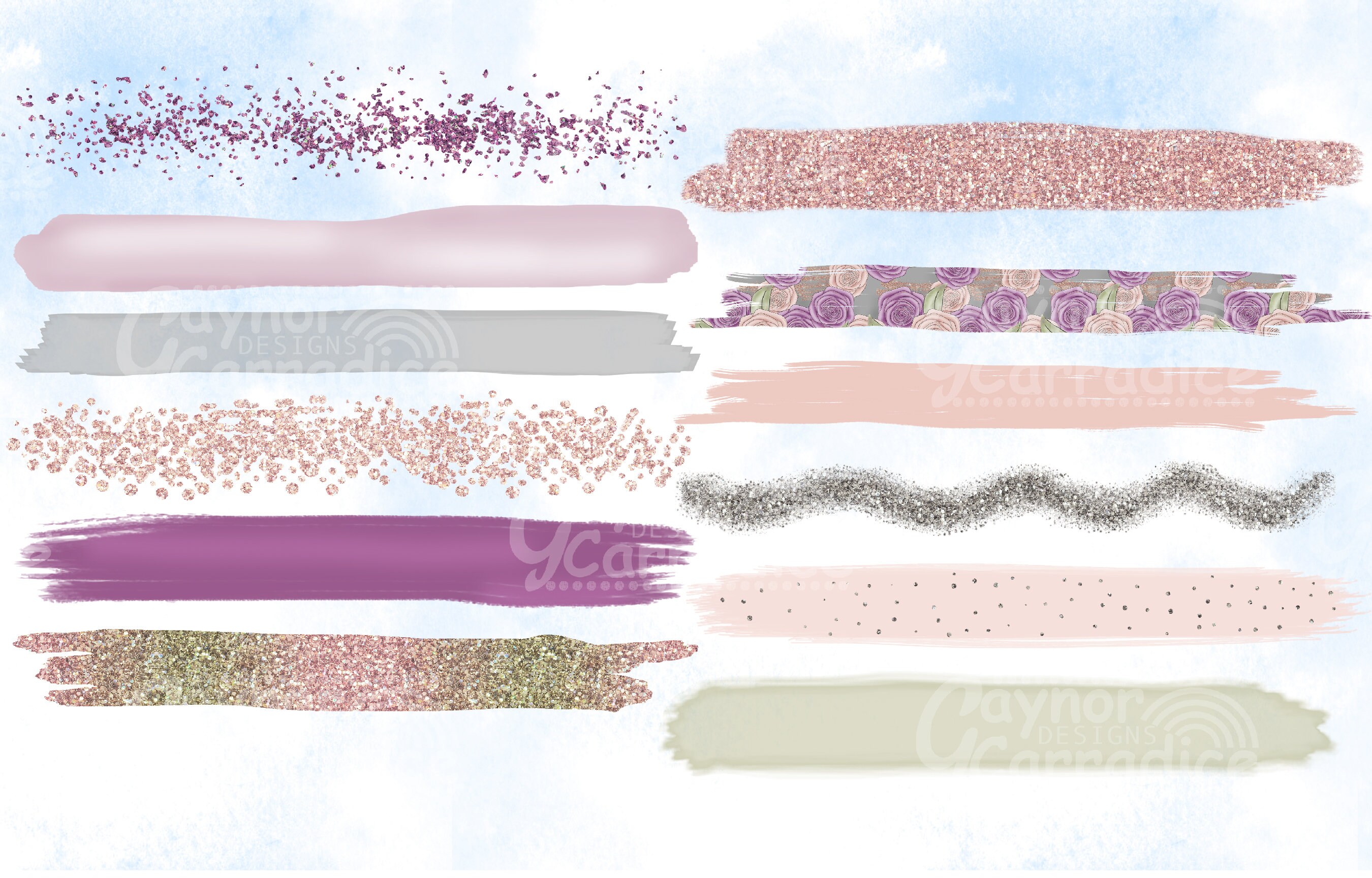 Pastel Brush Strokes Clipart - Blush and Purple Glitter Paint Strokes ...