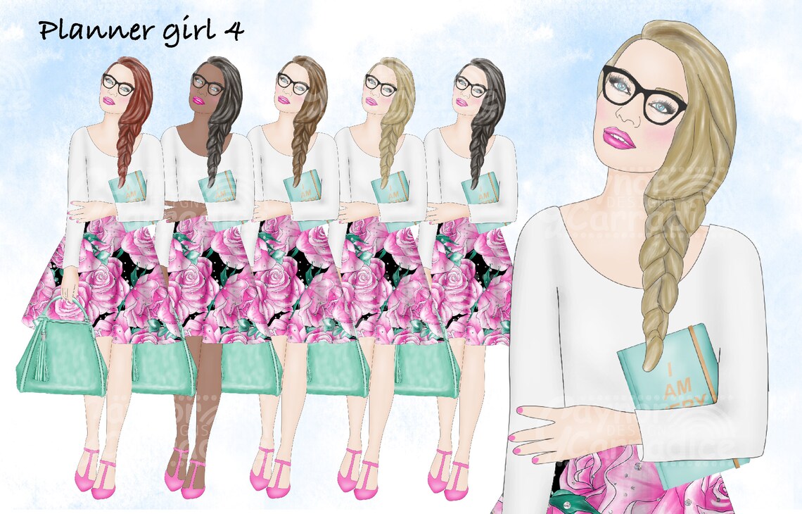 Fashion Illustration Planner Clipart, Set of 4 Watercolor Brunette ...