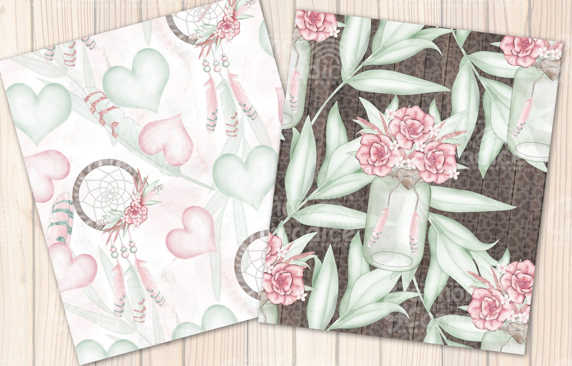Blush, Sage, Boho Wedding Digital Papers, Rustic Bridal Shower Seamless ...