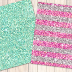 Glitter Digital Paper in Pink, Mint, Silver- Ombre and Stripe- Sequin ...