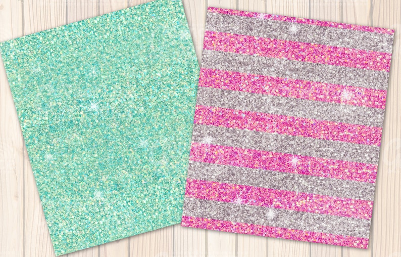 Glitter Digital Paper in Pink Mint Silver Ombre and Stripe | Etsy
