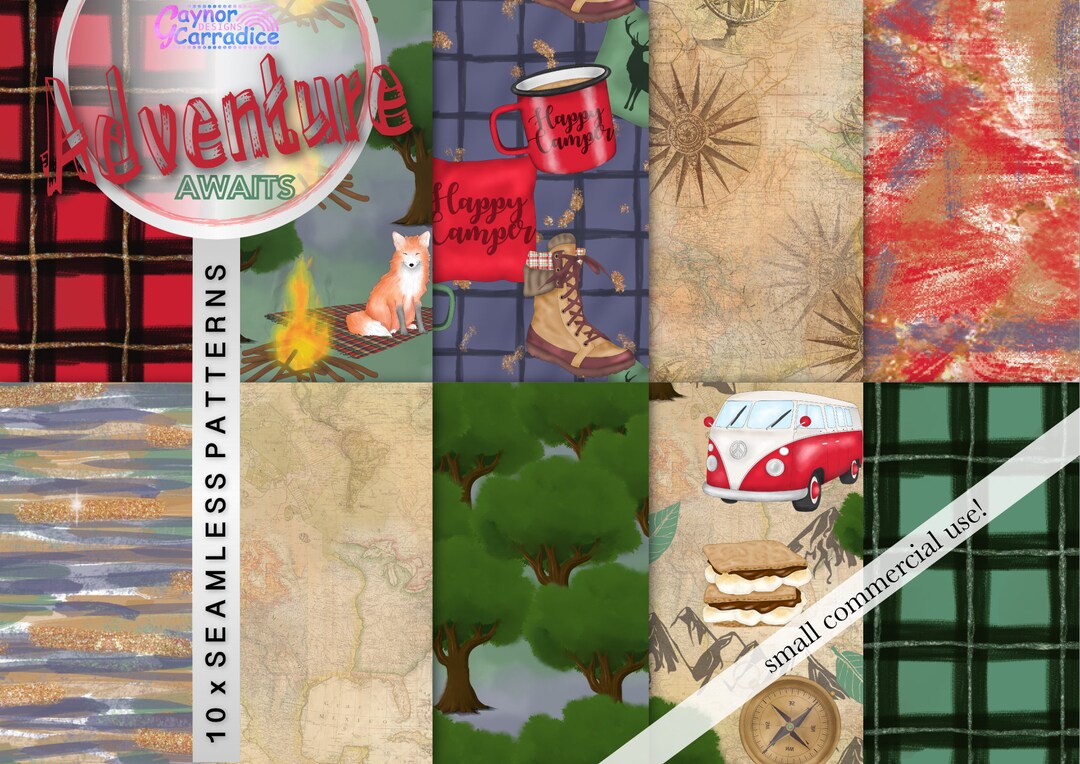 Travel Digital Papers Camping Seamless Patterns Woodland Paper Pack ...