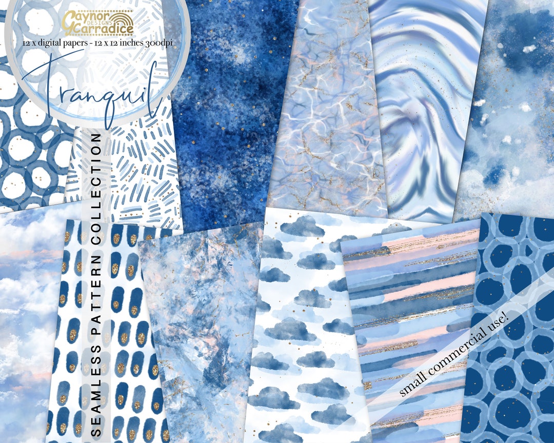 Tranquil - 12 Watercolor Digital Papers - Blue Seamless Patterns ...
