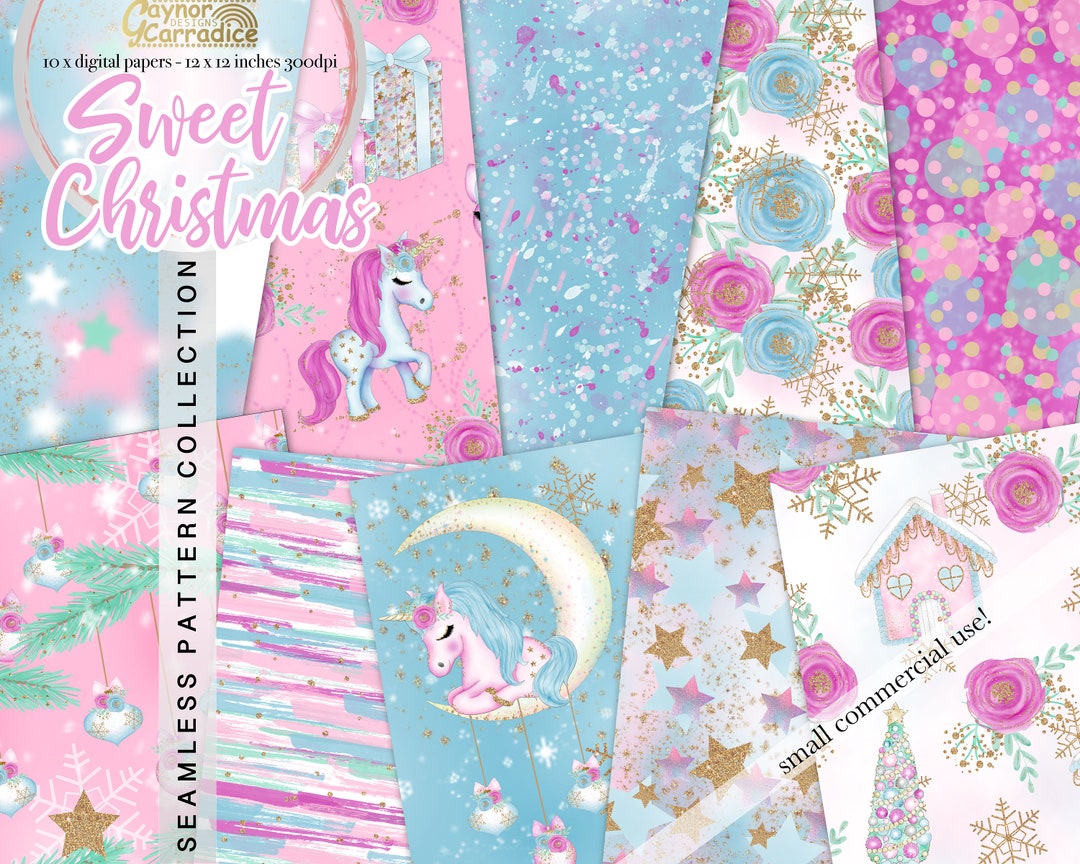 Unicorn Christmas Digital Papers - 10 Winter Unicorn Seamless Patterns ...