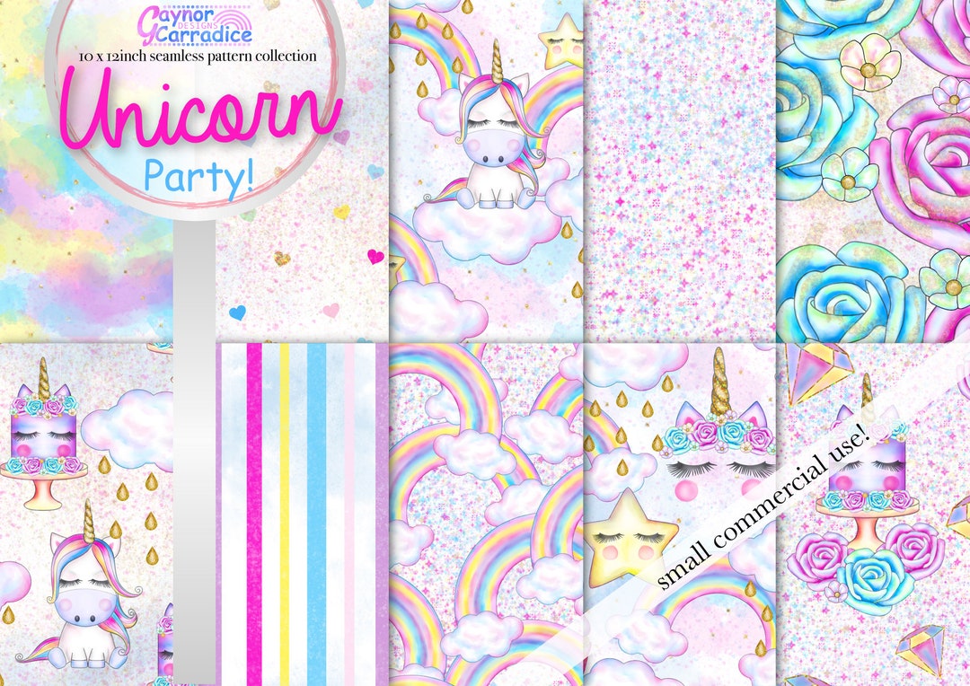 Unicorn Party Digital Papers Set Birthday Seamless Pattern Pack Unicorn ...
