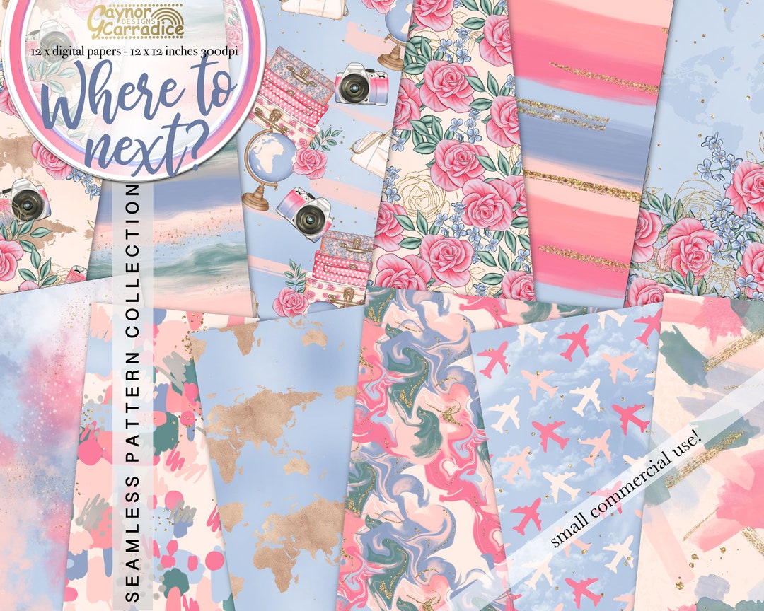 Travel Digital Papers - 12 Watercolor Vacation Seamless Patterns ...