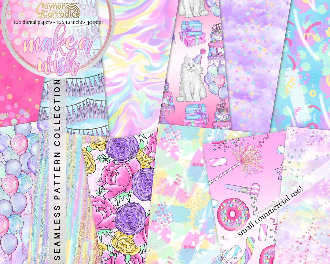 Birthday Digital Papers - 12 Watercolor Pastel Seamless Patterns, Party ...
