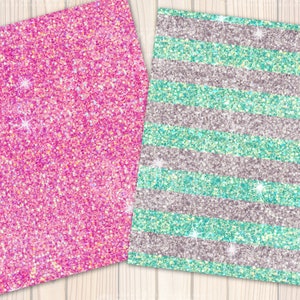 Glitter Digital Paper in Pink, Mint, Silver- Ombre and Stripe- Sequin ...