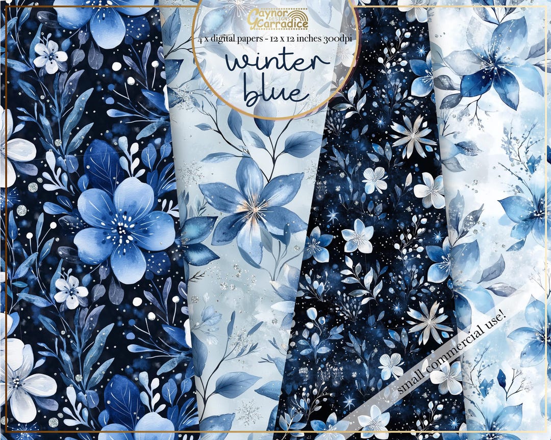 Whimsical Winter Floral Digital Papers - 4 Blue Floral Seamless ...
