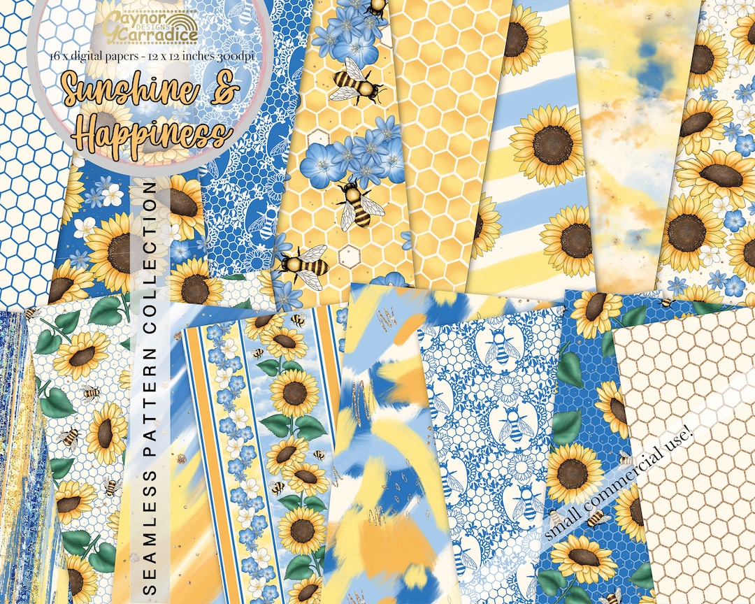 Sunshine and Happiness Digital Papers, Watercolor Sunflower Seamless ...
