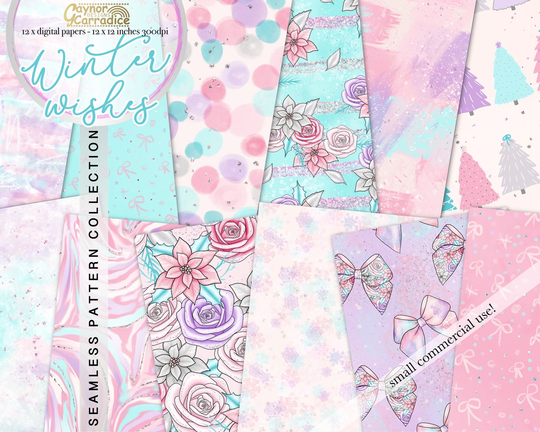 Girly Christmas Digital Papers - 12 Pink Winter Seamless Patterns ...