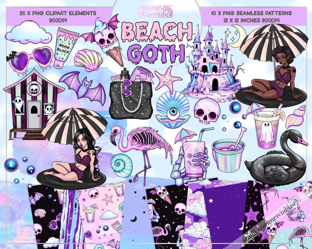 Pastel Goth Summer Clipart Bundle, Creepy Cute Beach Digital Paper ...