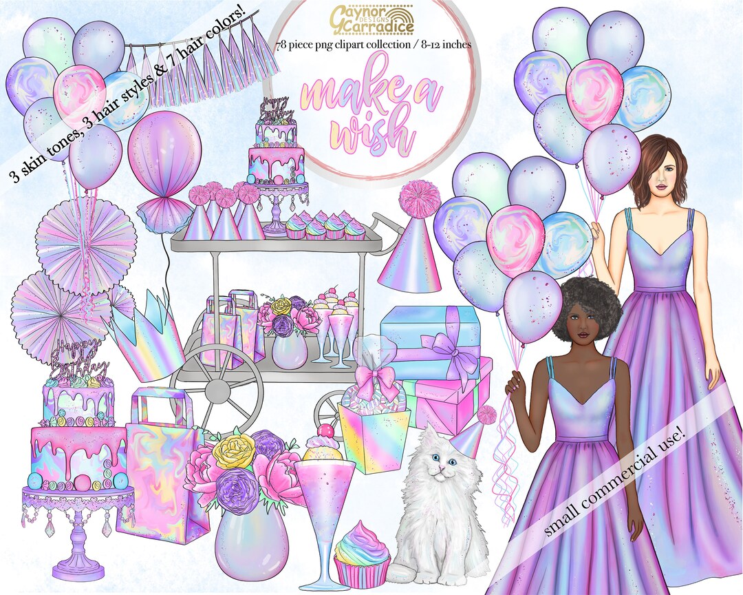 Girls Birthday Clipart - 78 Piece Holographic Celebration Clip Art ...