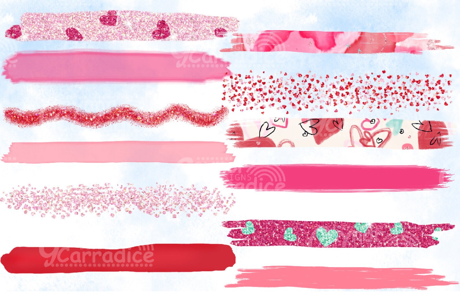 Valentines Day Brush Strokes Clipart - Pink, Red Hearts Paint Brushes ...